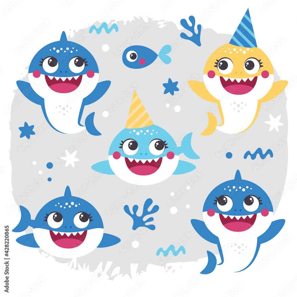 Vecor set of Baby Shark Birthday Illustrations Stock Vector | Adobe Stock