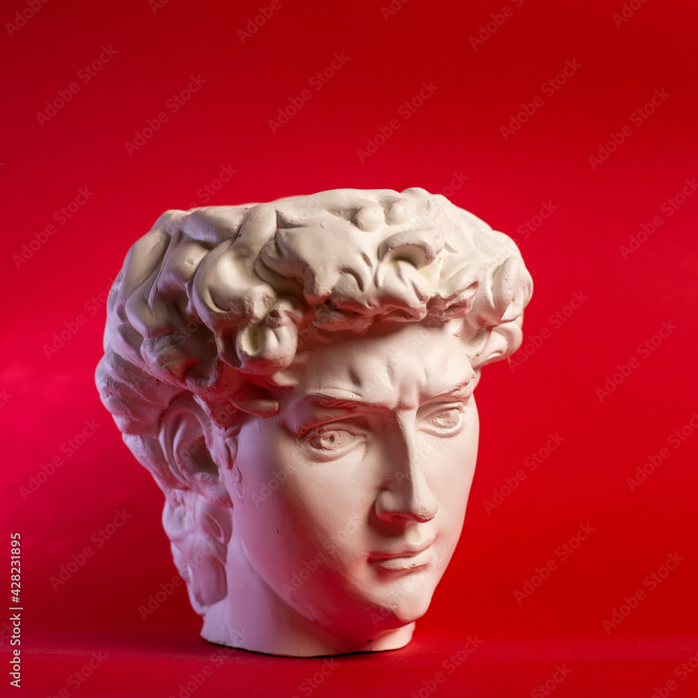 Gypsum statue of David's head. Michelangelo's David statue plaster copy isolated on red ...