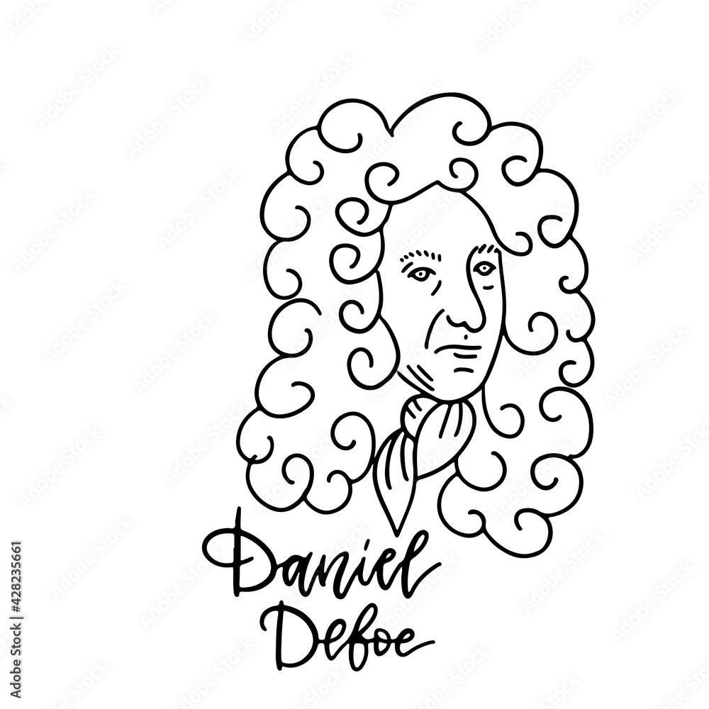 Daniel Defoe linear sketch portrait isolated on white background for ...