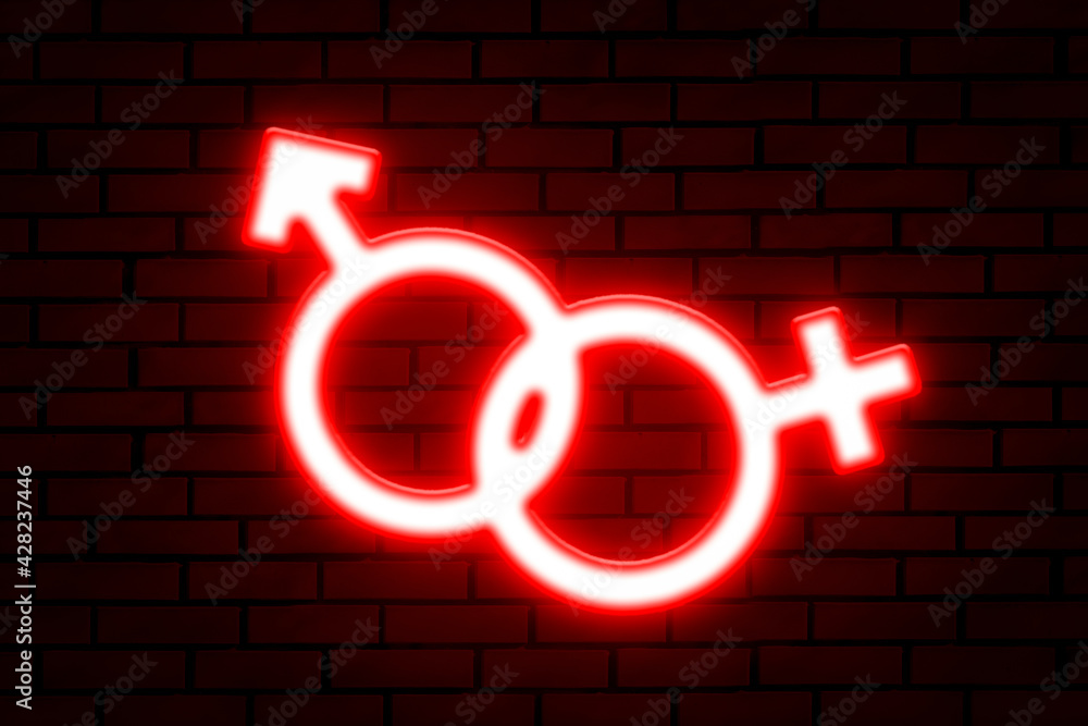 Gender symbols. Man and woman sign. Red neon sign with mars and venus ...