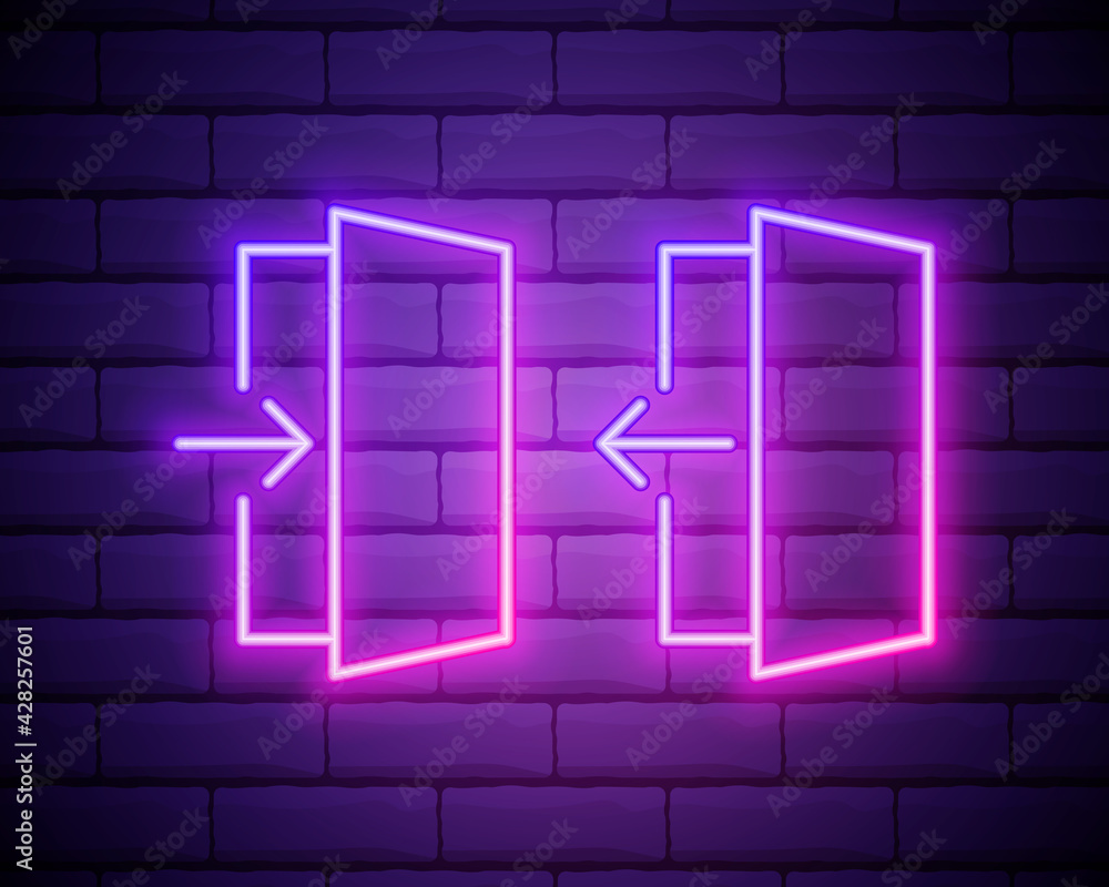 Open door with arrow neon sign. Information and entrance design. Night ...