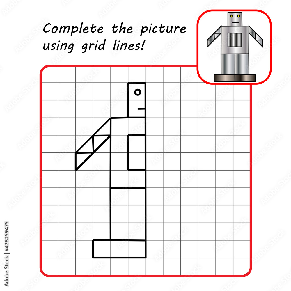Educational game for kids. Simple exercise. Robot drawing using grid ...