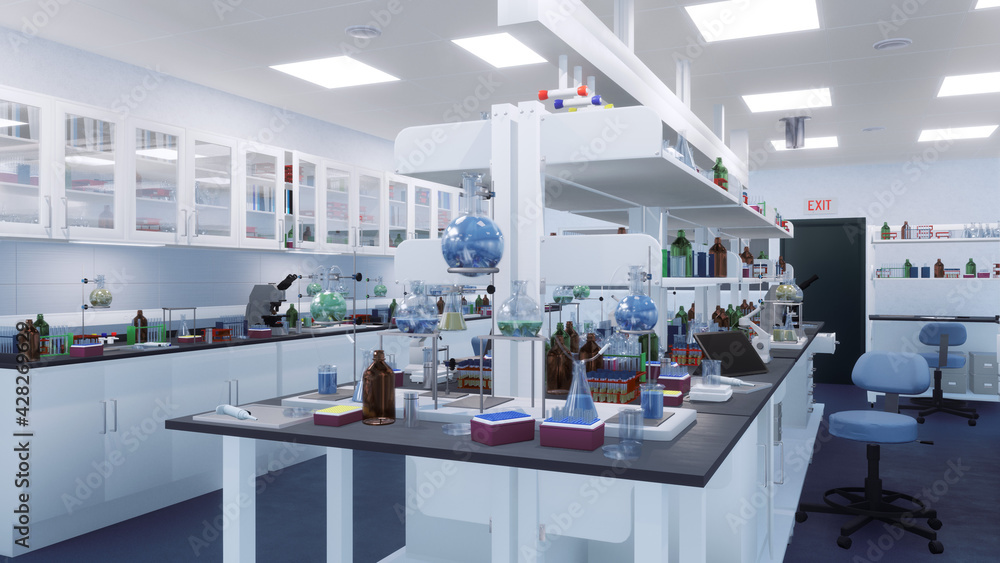 Empty scientific research lab room interior with various modern ...