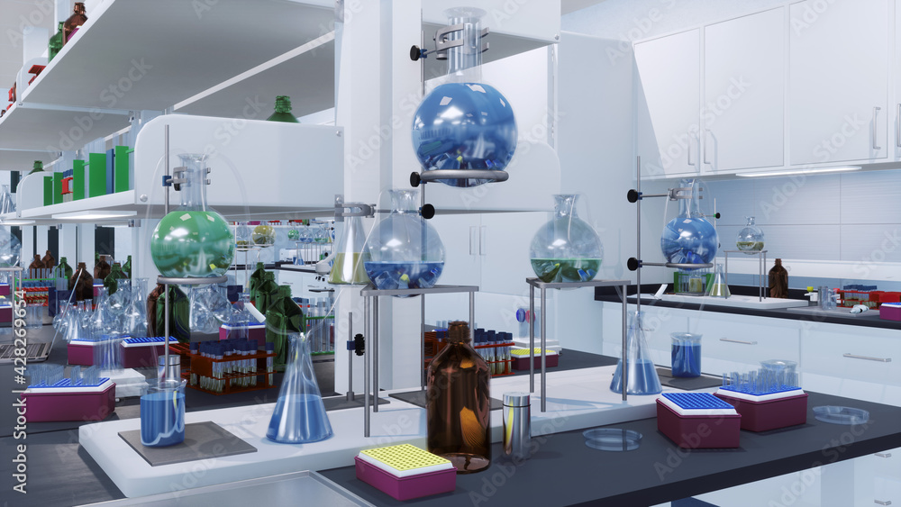 Interior of modern scientific research lab with flasks, test tubes and ...
