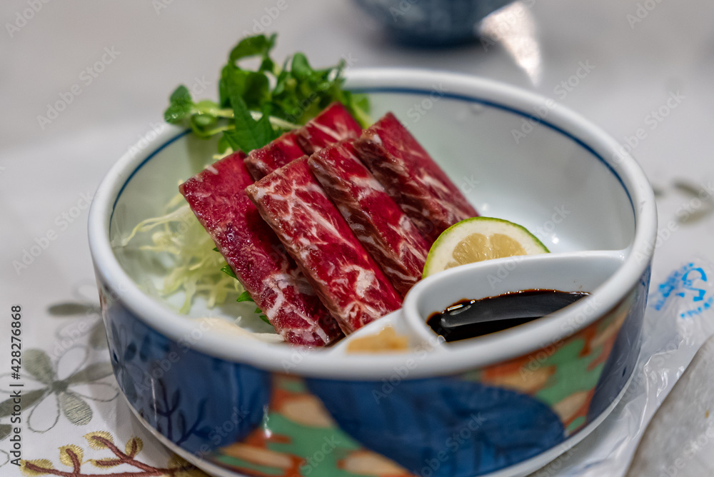 Fotka „Basashi, Raw Horse Sashimi meat served in Kyushu Japan. Also ...