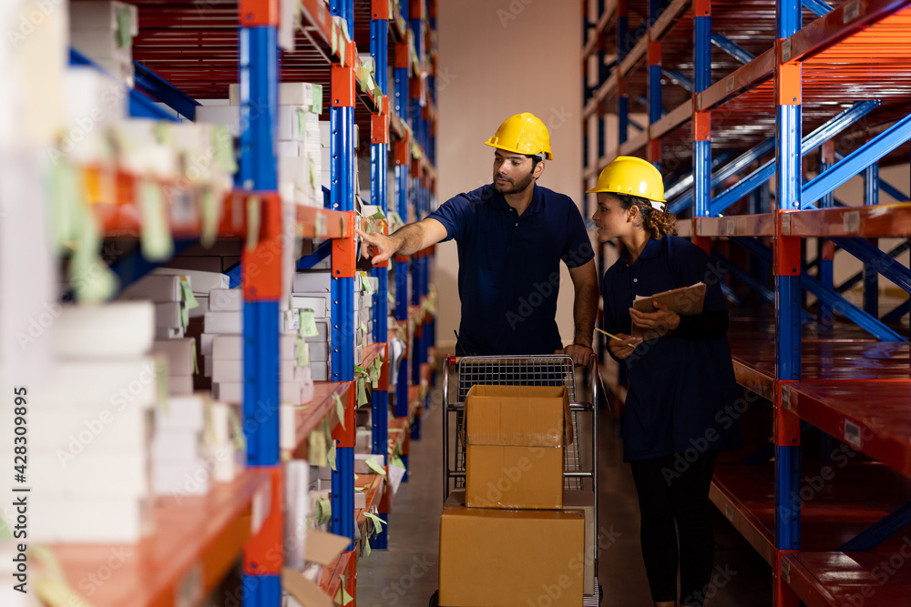 Worker wear safety helmet and holding clipboard and push cart in ...