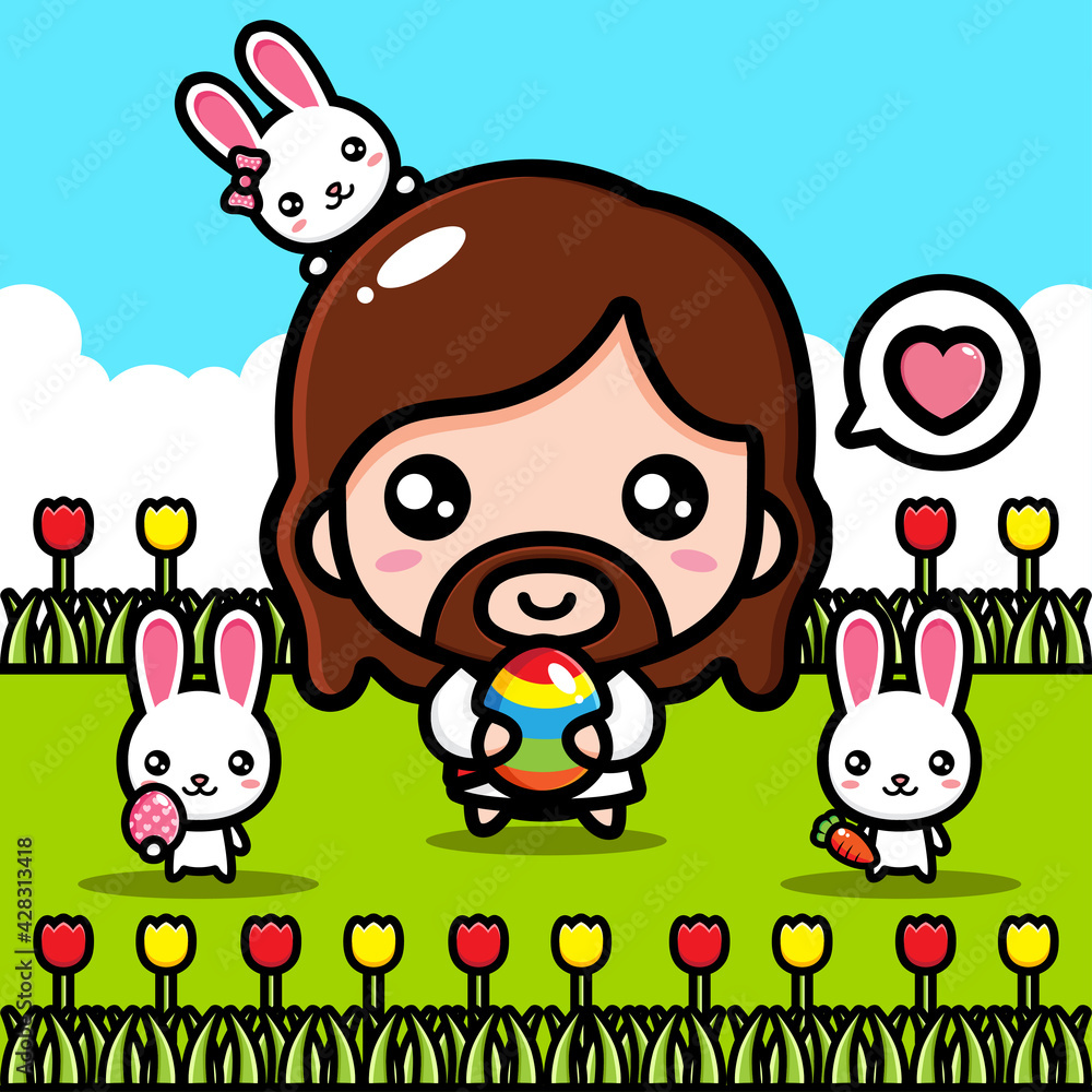 cute cartoon jesus vector design is in the park with a rabbit holding ...