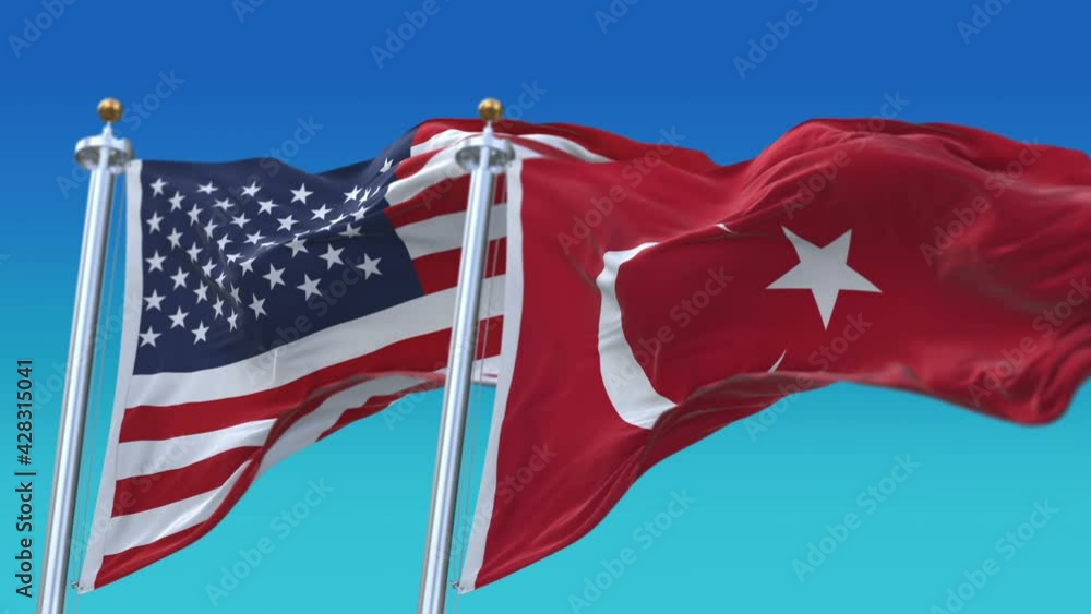 4k Seamless United States of America And Turkey Flags with blue sky ...