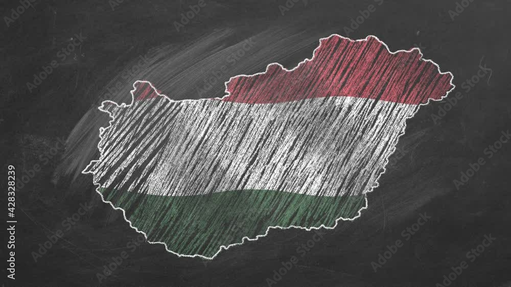 Country map and flag of Hungary drawing with chalk on a blackboard. 4K ...