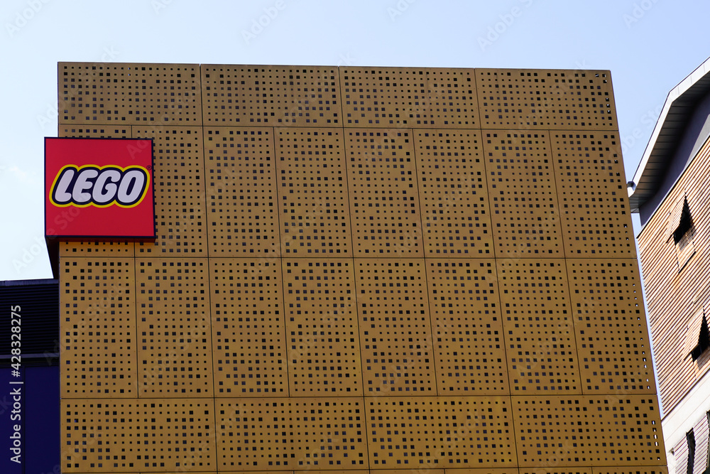 Lego brand logo and sign on flagship store Imagination Center shop ...