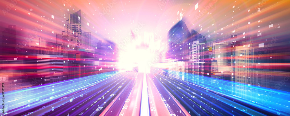 Digital data flow on road with motion blur to create vision of fast ...