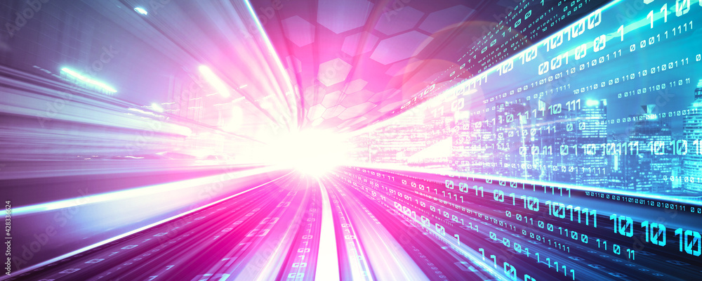 Digital data flow on road with motion blur to create vision of fast ...