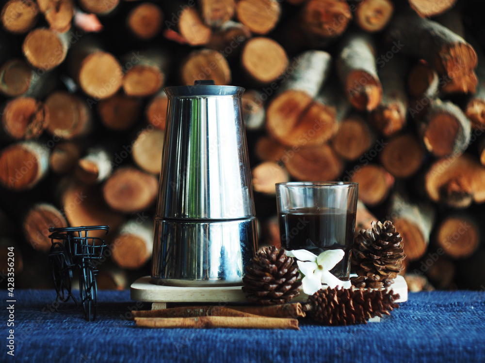 moka pot coffee maker morning fresh with firewoods background Stock ...