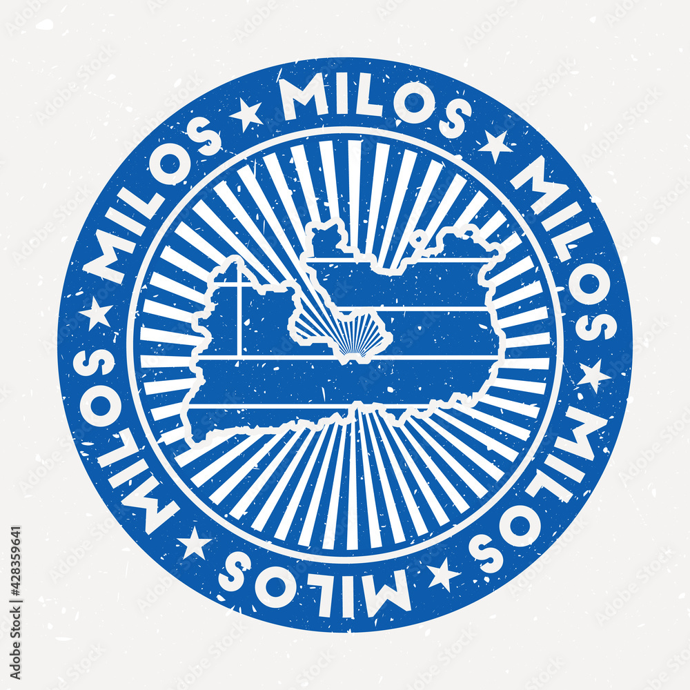 Milos round stamp. Logo of island with flag. Vintage badge with ...