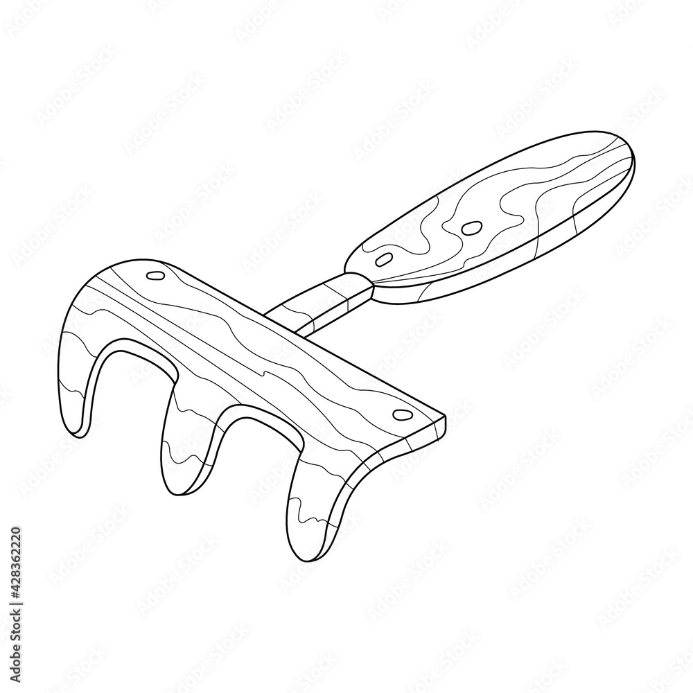 Sketch of a hand rake for processing land plots. Doodle flat style. The ...