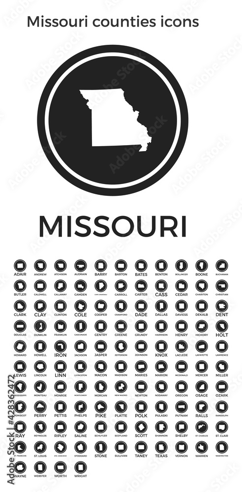 Missouri counties icons. Black round logos with us state counties maps ...