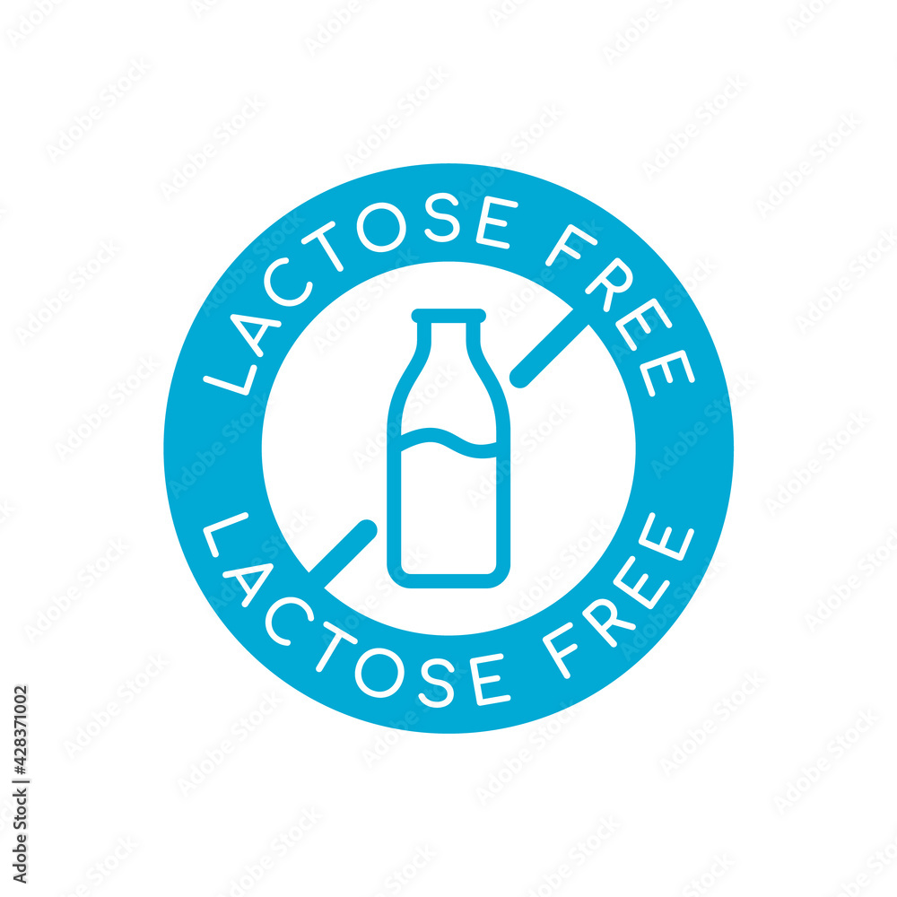 Lactose free sign, icon, logo. Round badge with milk bottle crossed out ...