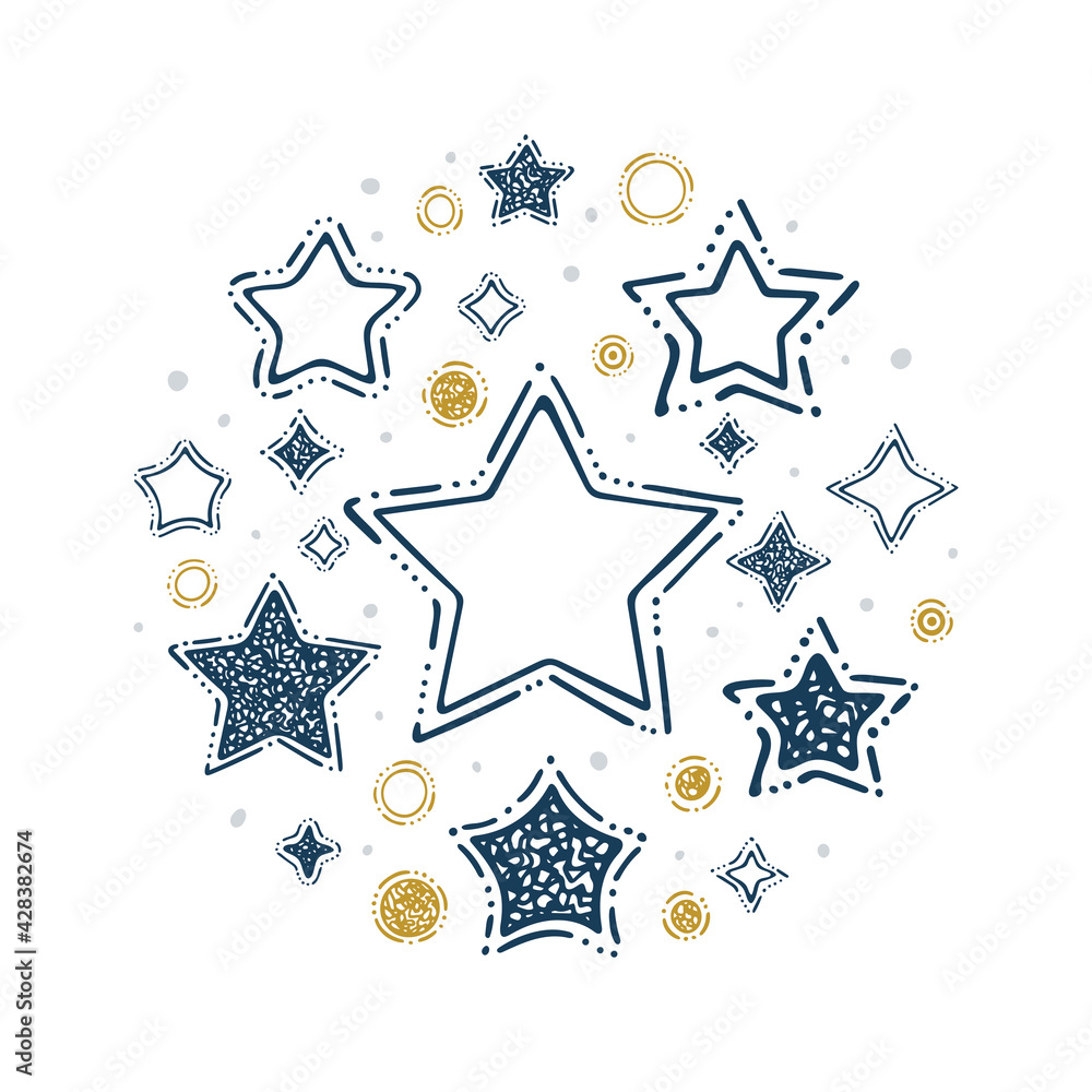 Stars. Hand drawn different stars, circles and dots illustrations ...