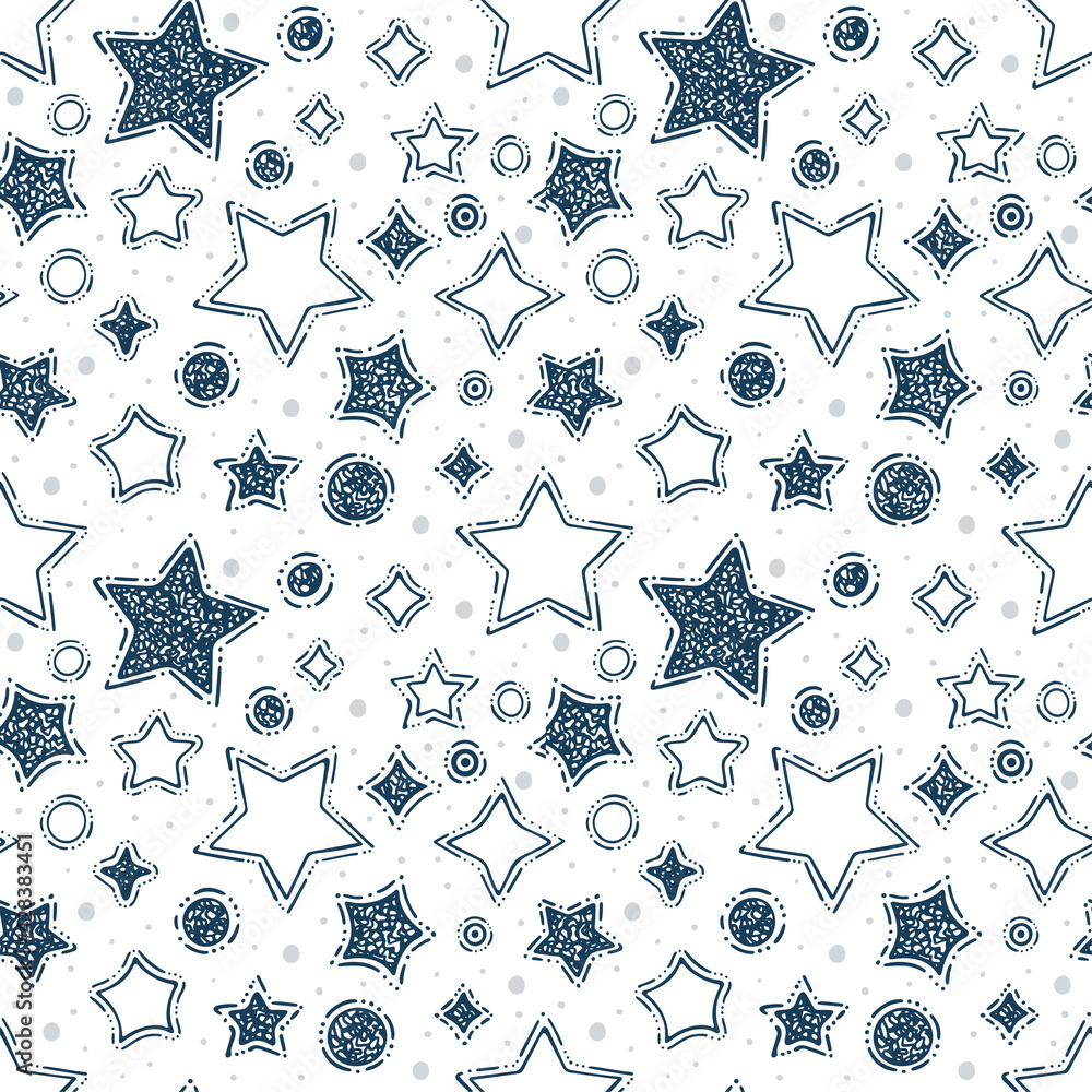 Stars seamless background. Hand drawn different stars, circles and dots ...