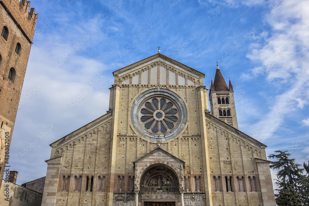Architectural fragments of Basilica di San Zeno Maggiore facade in ...