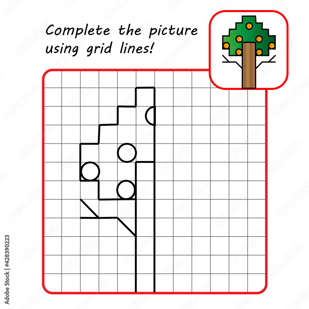 Educational game for kids. Simple exercise. Tree. Drawing using grid ...