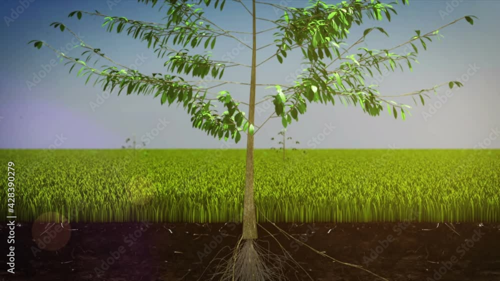 3d animation The seed gradually grows into a big tree. Planting seeding ...