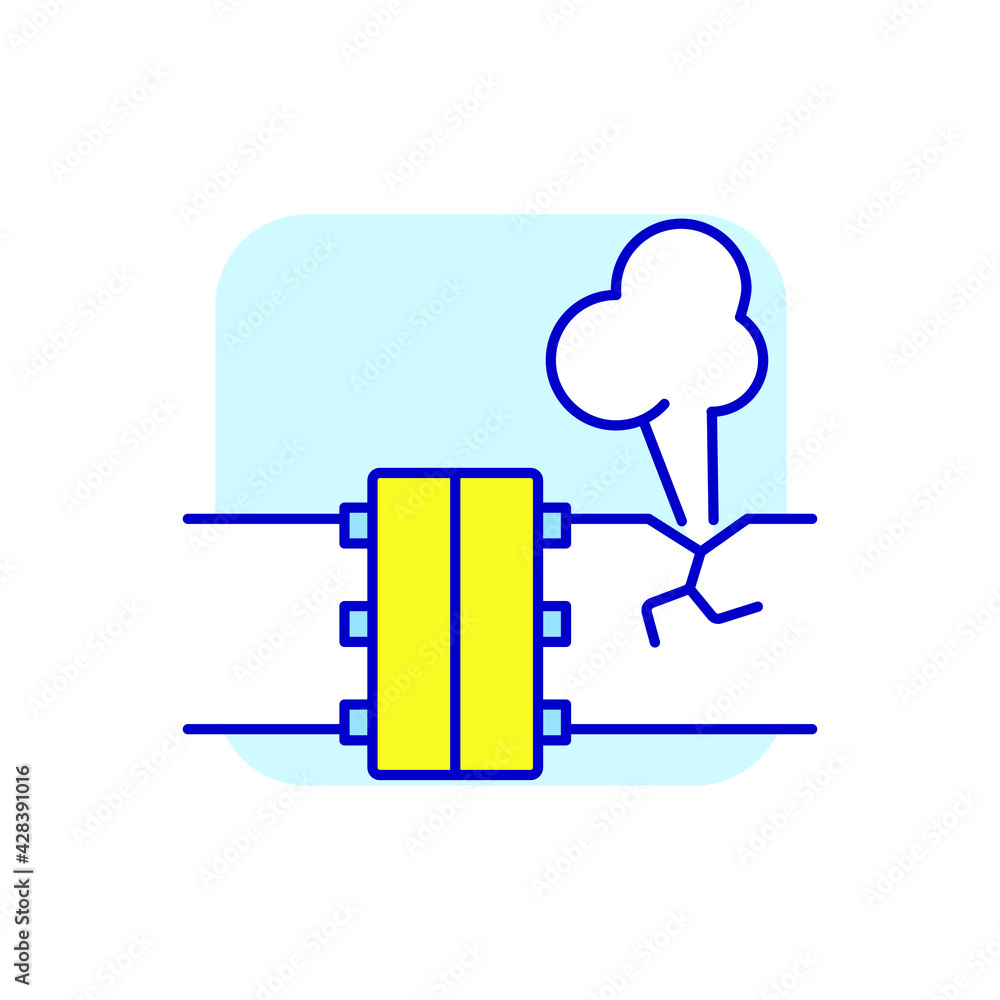 Gas leak from pipe RGB color icon. Plumbing. Blue background. Thin line ...