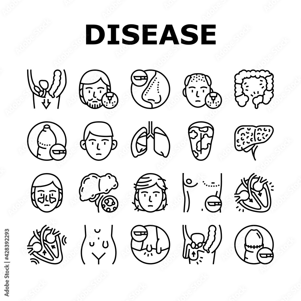 Disease Human Organ Collection Icons Set Vector Colitis And Breast
