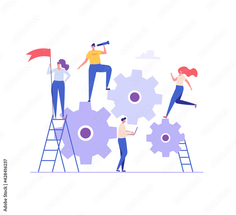 Best team of people illustration. Characters with reward cup, flag and ...