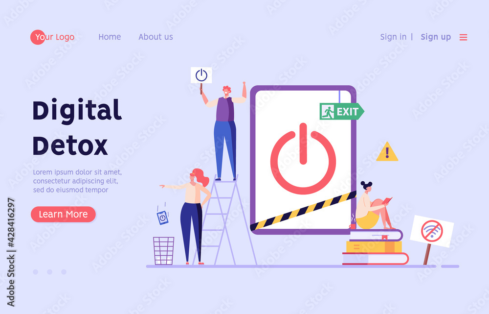 People meditate, clean, step out, relax, read books. Concept of digital ...