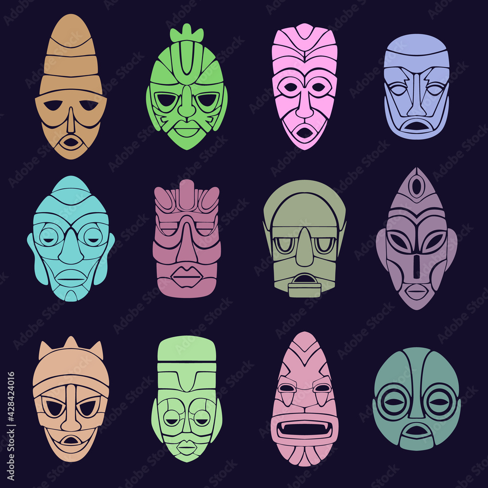 Wallpaper from a set of twelve pagan masks. The faces of various gods ...