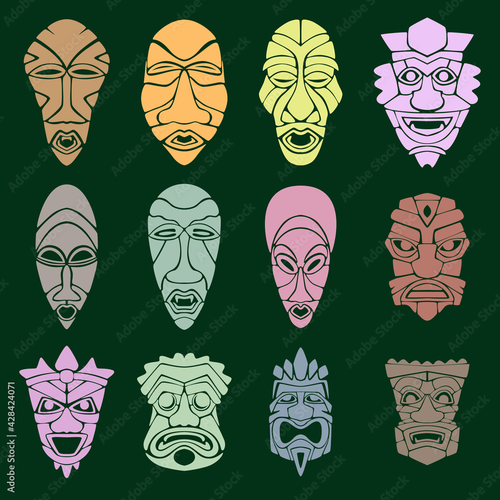 Wallpaper from a set of twelve pagan masks. The faces of various gods ...
