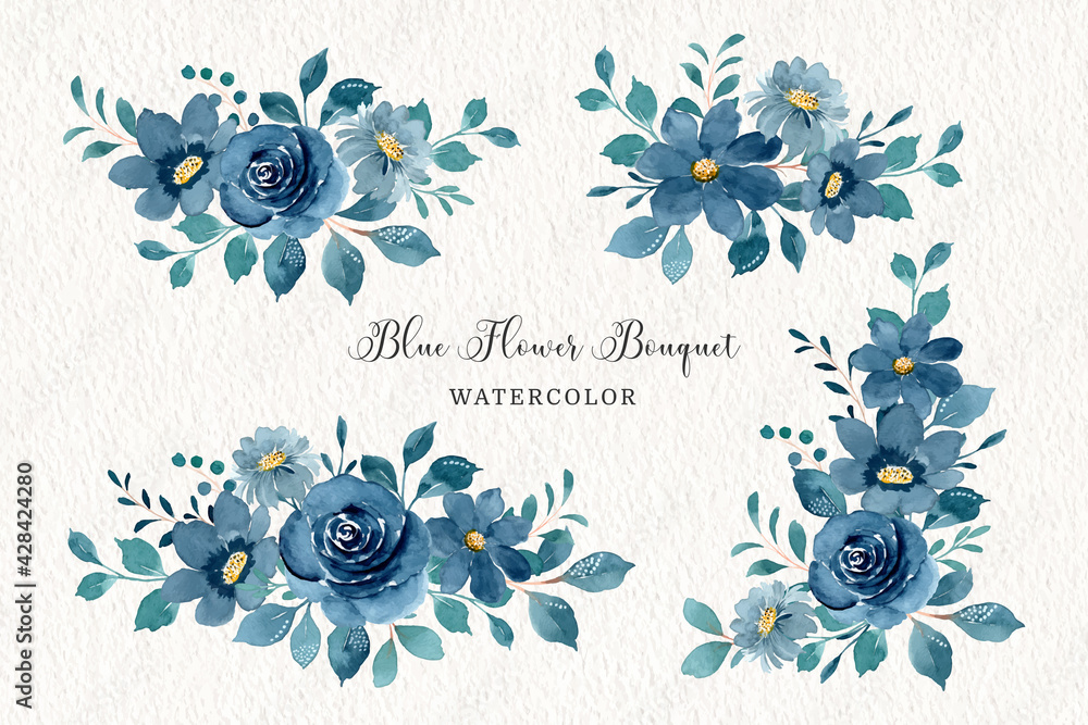 Blue flower bouquet collection with watercolor Stock Vector | Adobe Stock