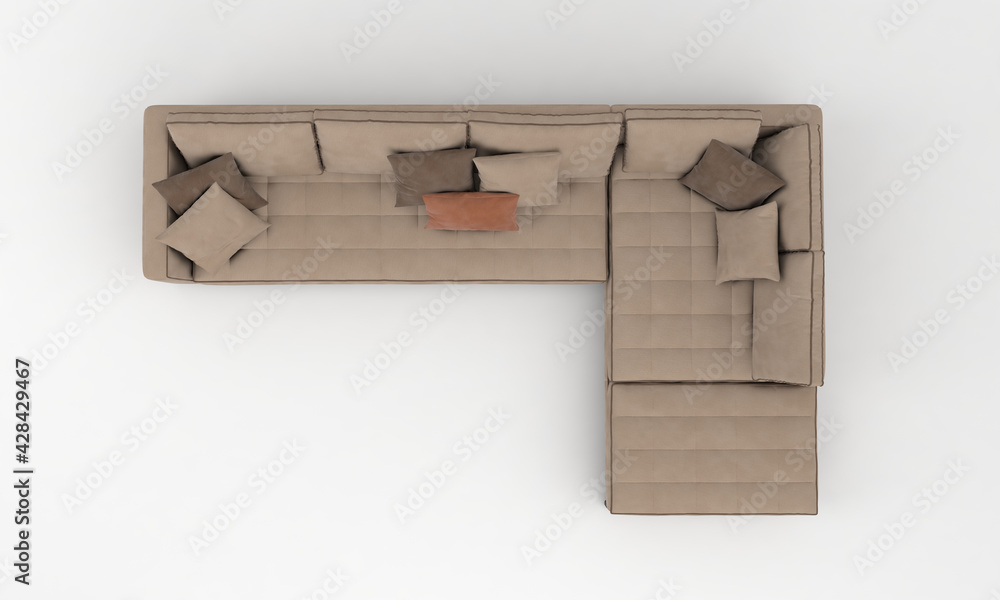 Top view of a 3D rendered modern corner sofa of light brown color on a white background Stock ...
