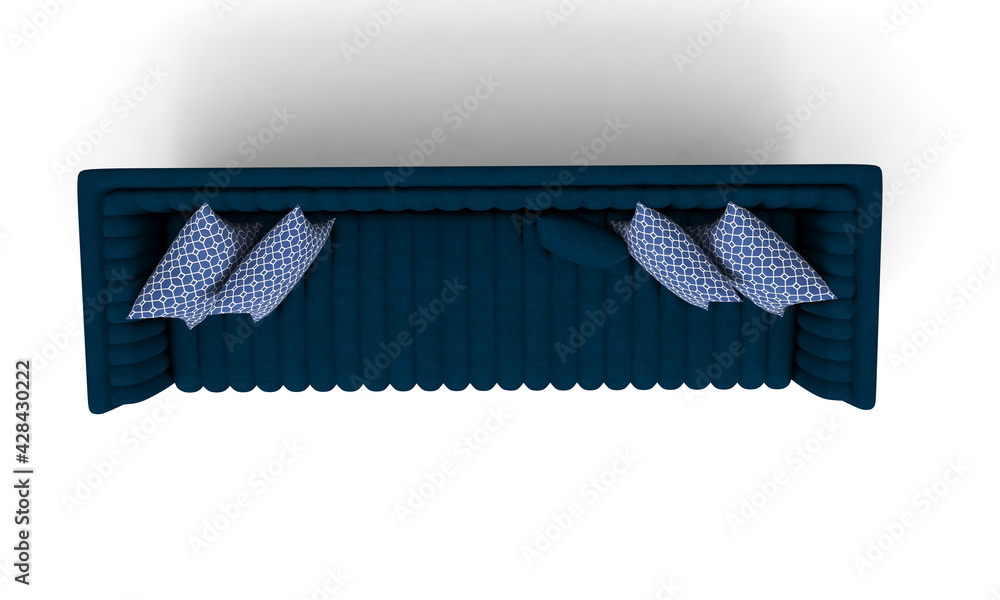 Top view of a 3D rendered modern blue three-seater sofa on a white ...