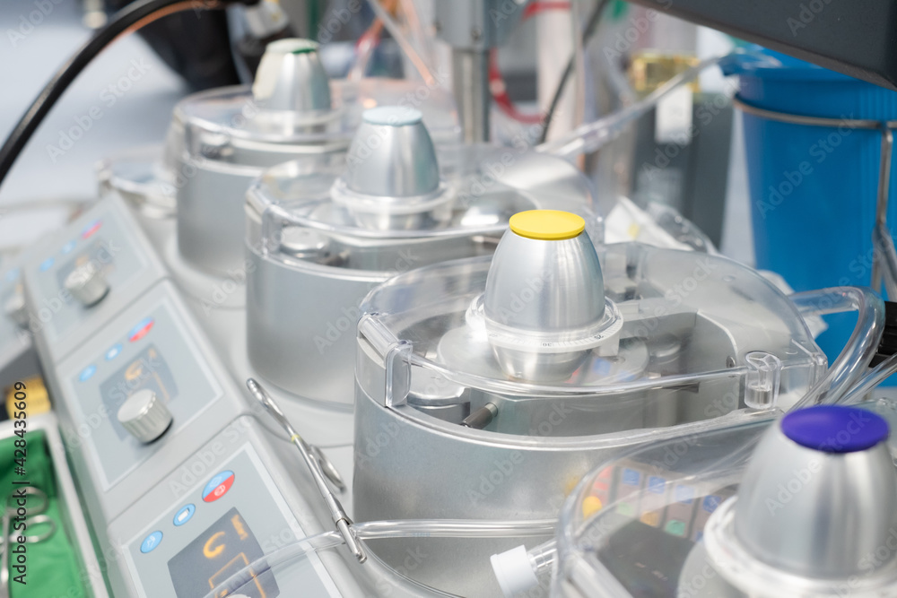 Heart lung machine for heart surgery in operating room. Roller pumps of ...