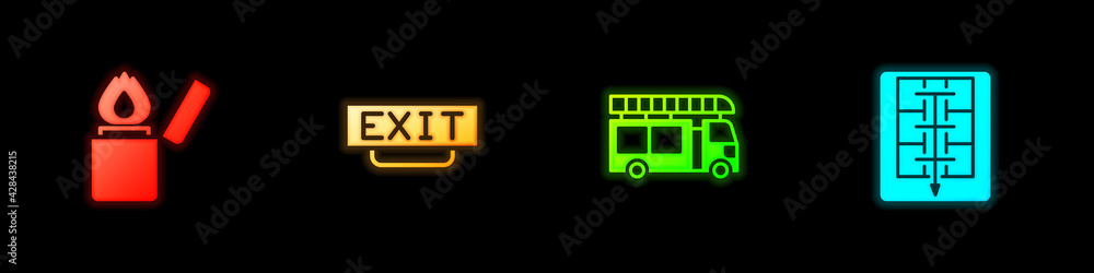 Set Lighter, Fire exit, truck and Evacuation plan icon. Vector Stock ...