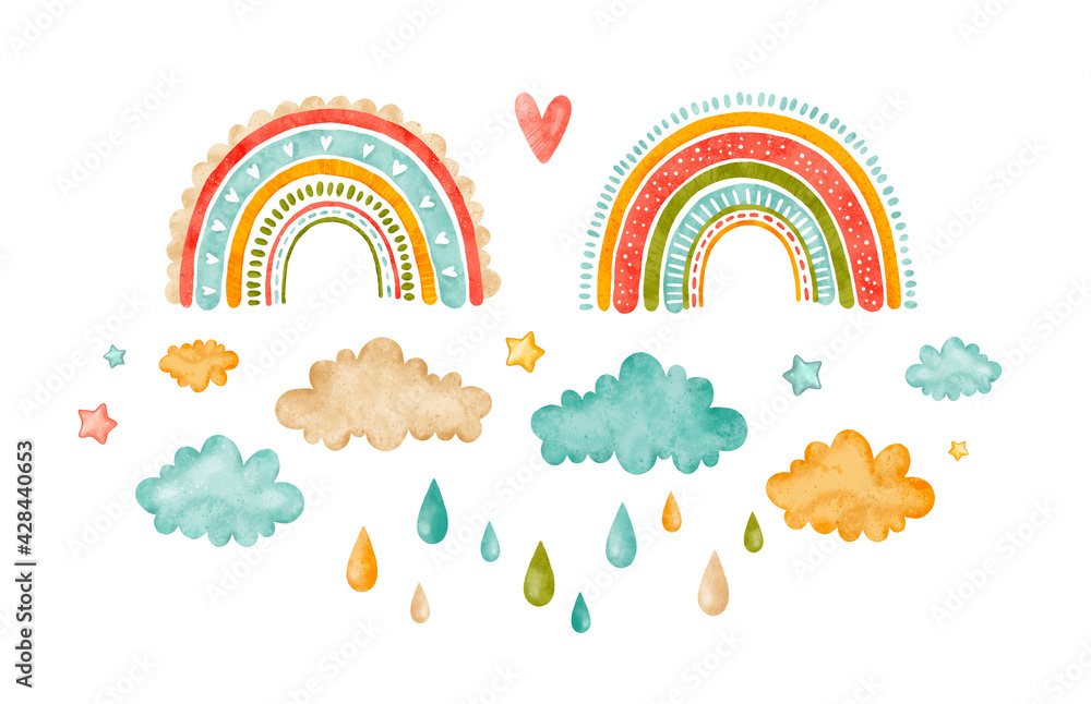 Watercolor rainbow, clouds, stars, drops. Cute pastel rainbow set with ...