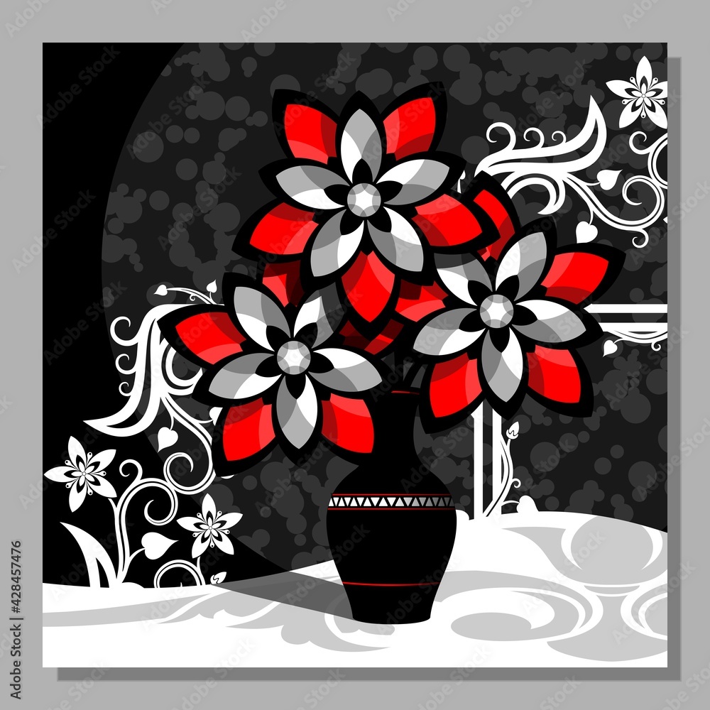 Abstract still life with a bouquet of red flowers in a vase. Wall decor ...