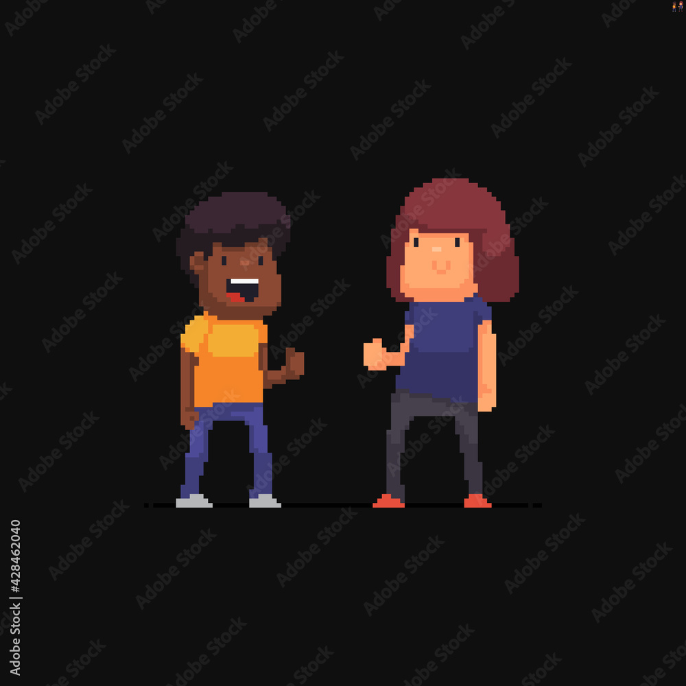 Two cheerful pixel art male characters in casual outfit with different ...