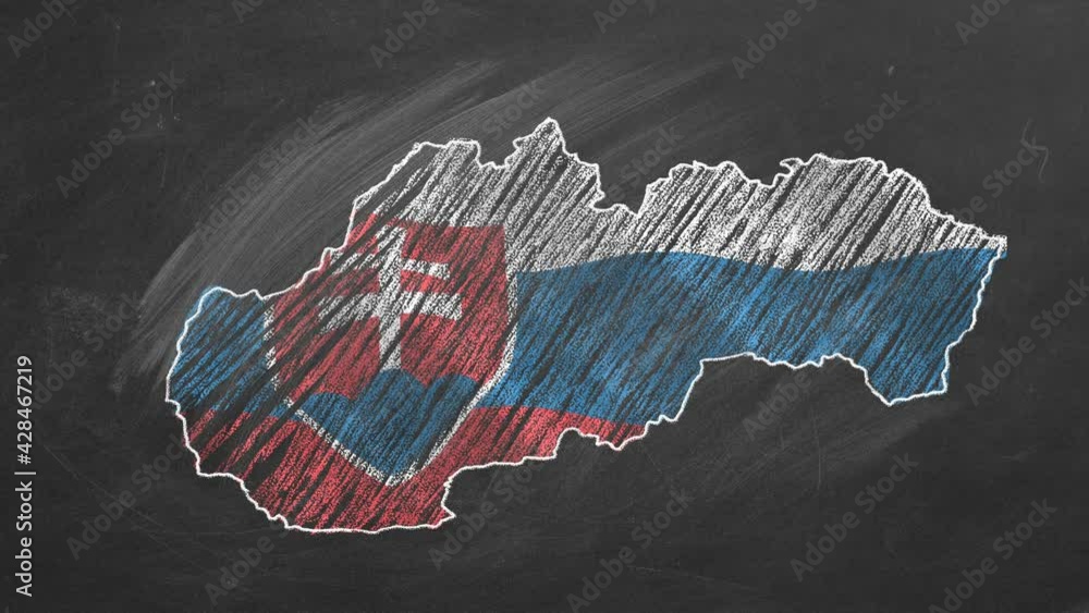 Country map and flag of Slovakia drawing with chalk on a blackboard. 4K ...