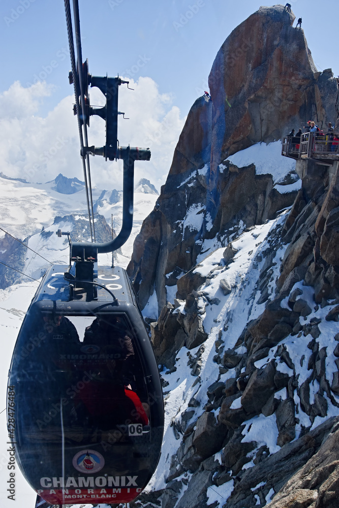 Chamonix, France - August 23, 2019. Panoramic Mont Blanc cable car with ...