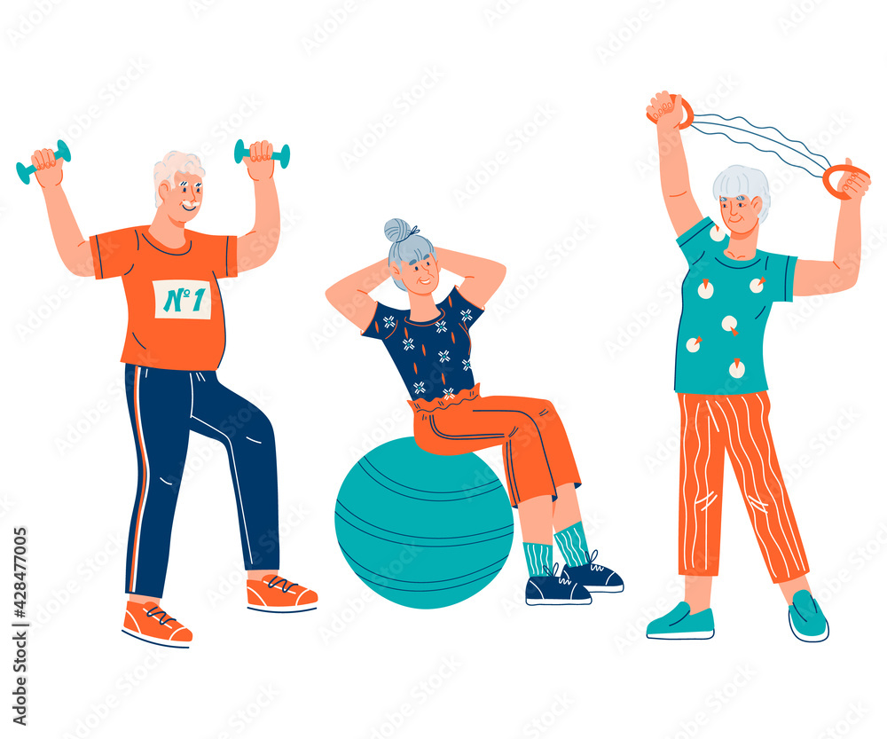Group of elderly people keep fit through gymnastic exercises, cartoon ...