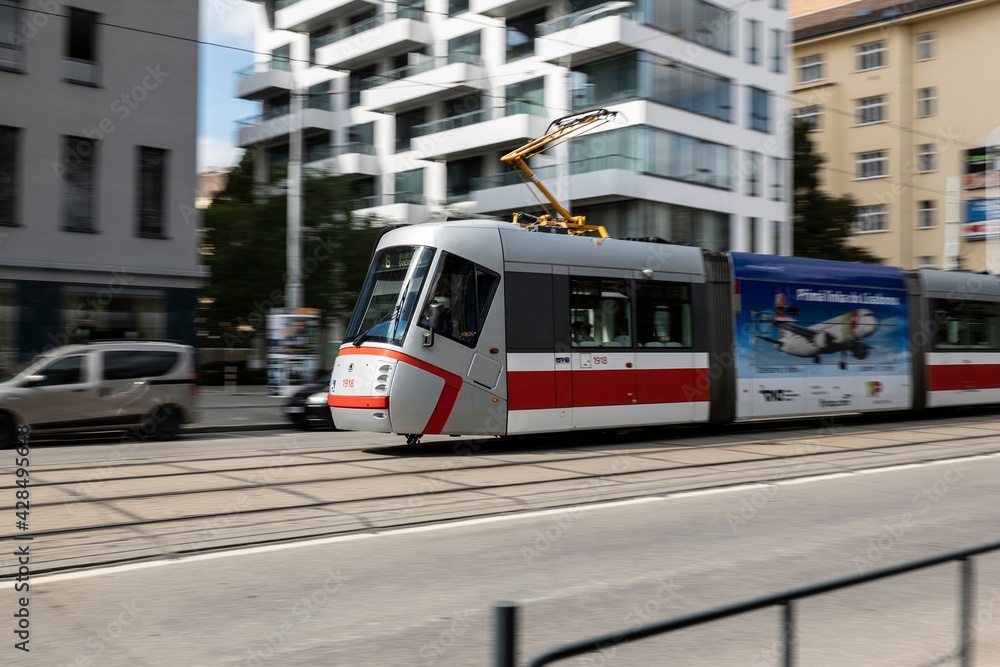 Skoda 13T tramway in a high speed with very strong motion blur effect ...