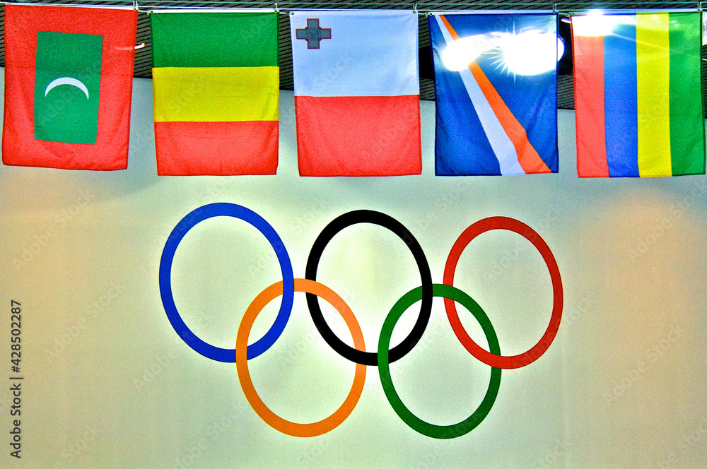 Olympic banner and country flags hang from ceiling at the Olympic Swim ...