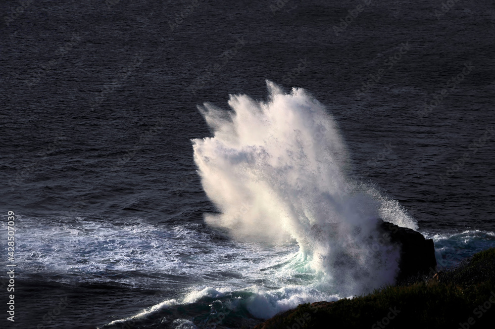 Huge impact plume of seawater going into the air after a wave hits a ...