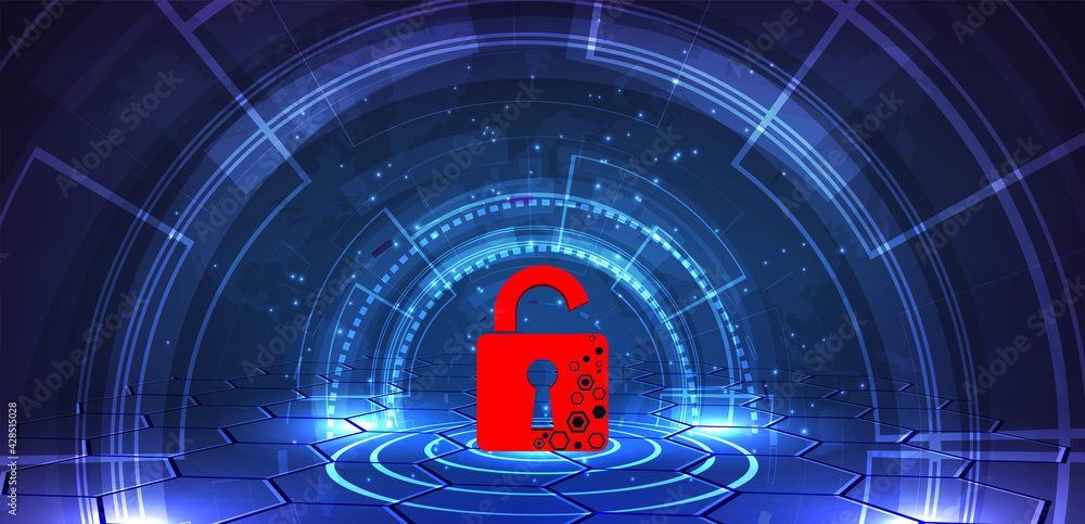 Cyber security attack technology concept.Padlock red open on dark blue ...