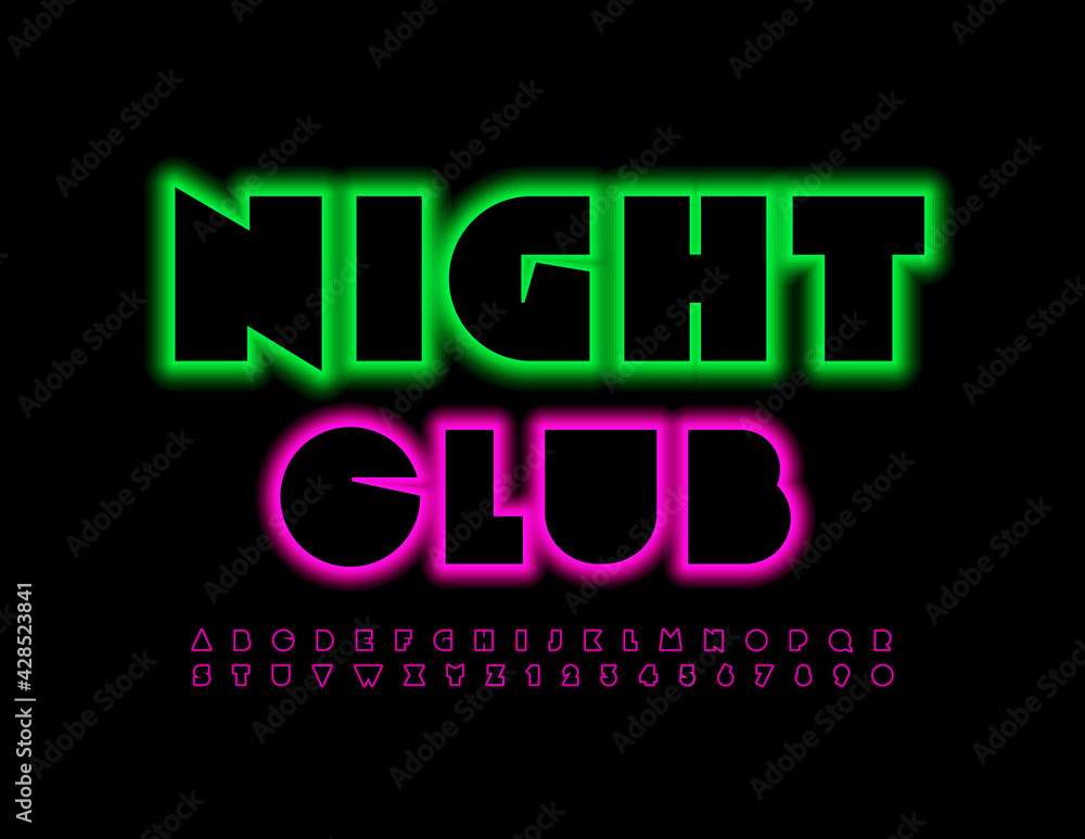 Vector Illuminated Sign Night Club. Stylish Glowing Alphabet. Neon ...
