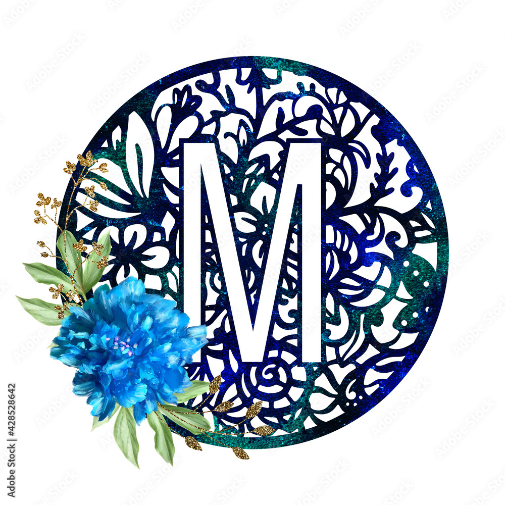 Lace circle blue letter M with blue flower peony and green leaves ...