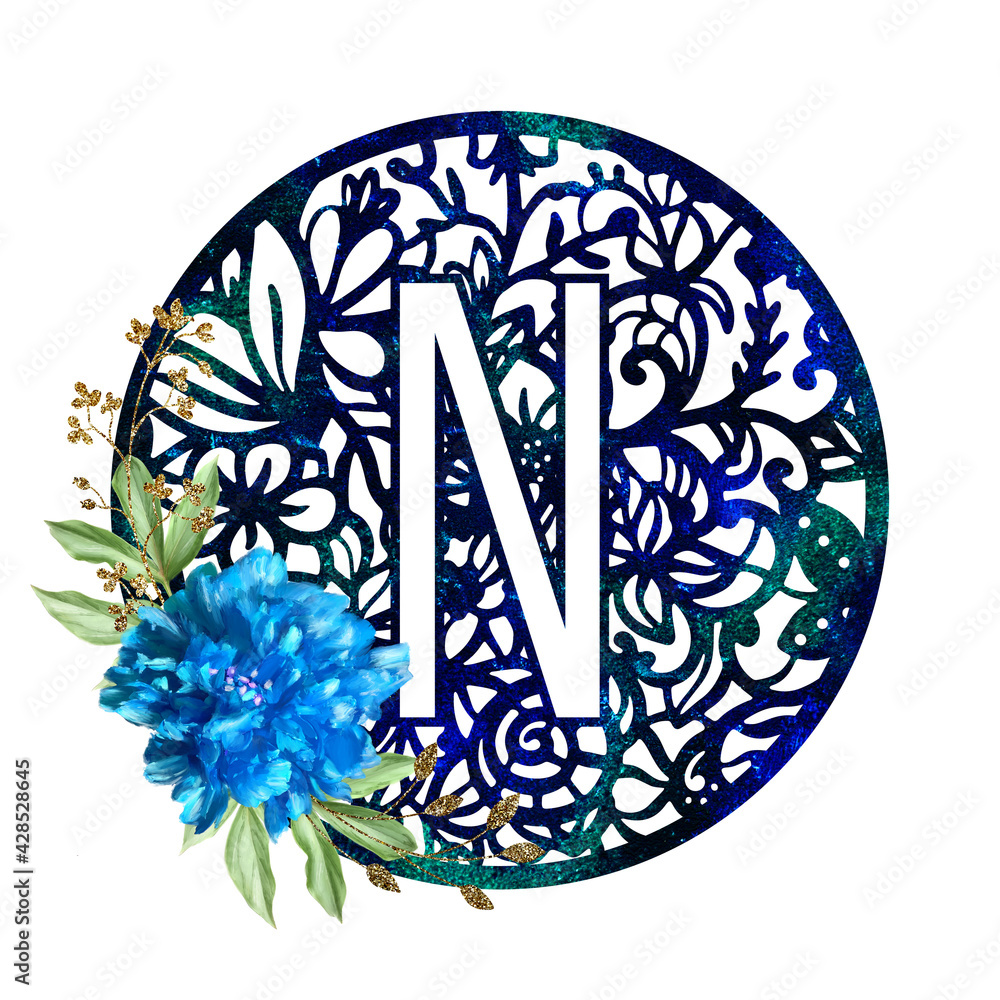 Lace circle blue letter N with blue flower peony and green leaves ...